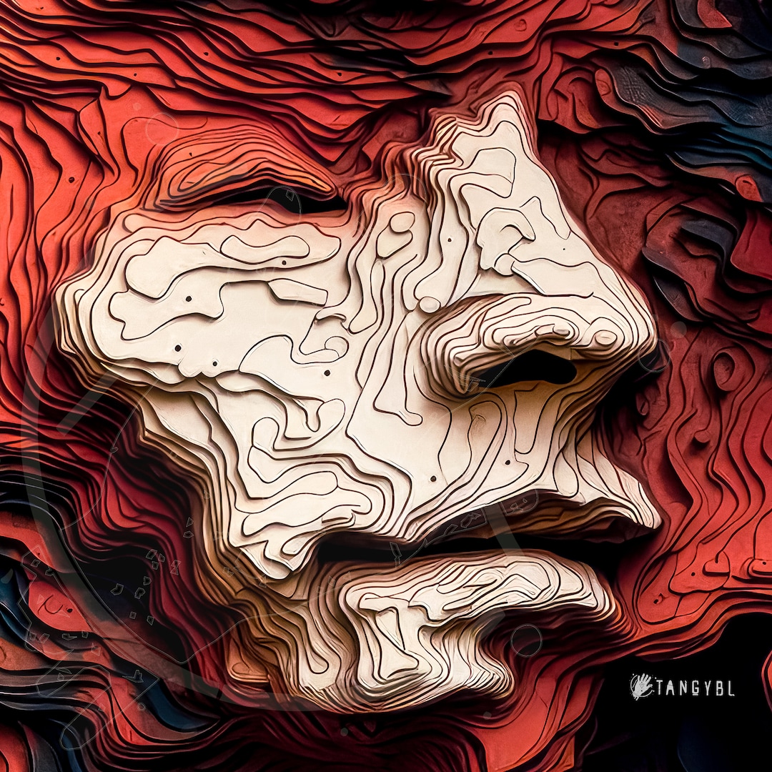 Abstract Face Contour-line Art, Surreal Topographic Elevation Map With ...