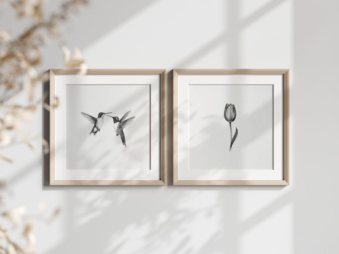 Vintage Art Print, Hummingbirds and Tulip Sketch Print, Set of Two ...