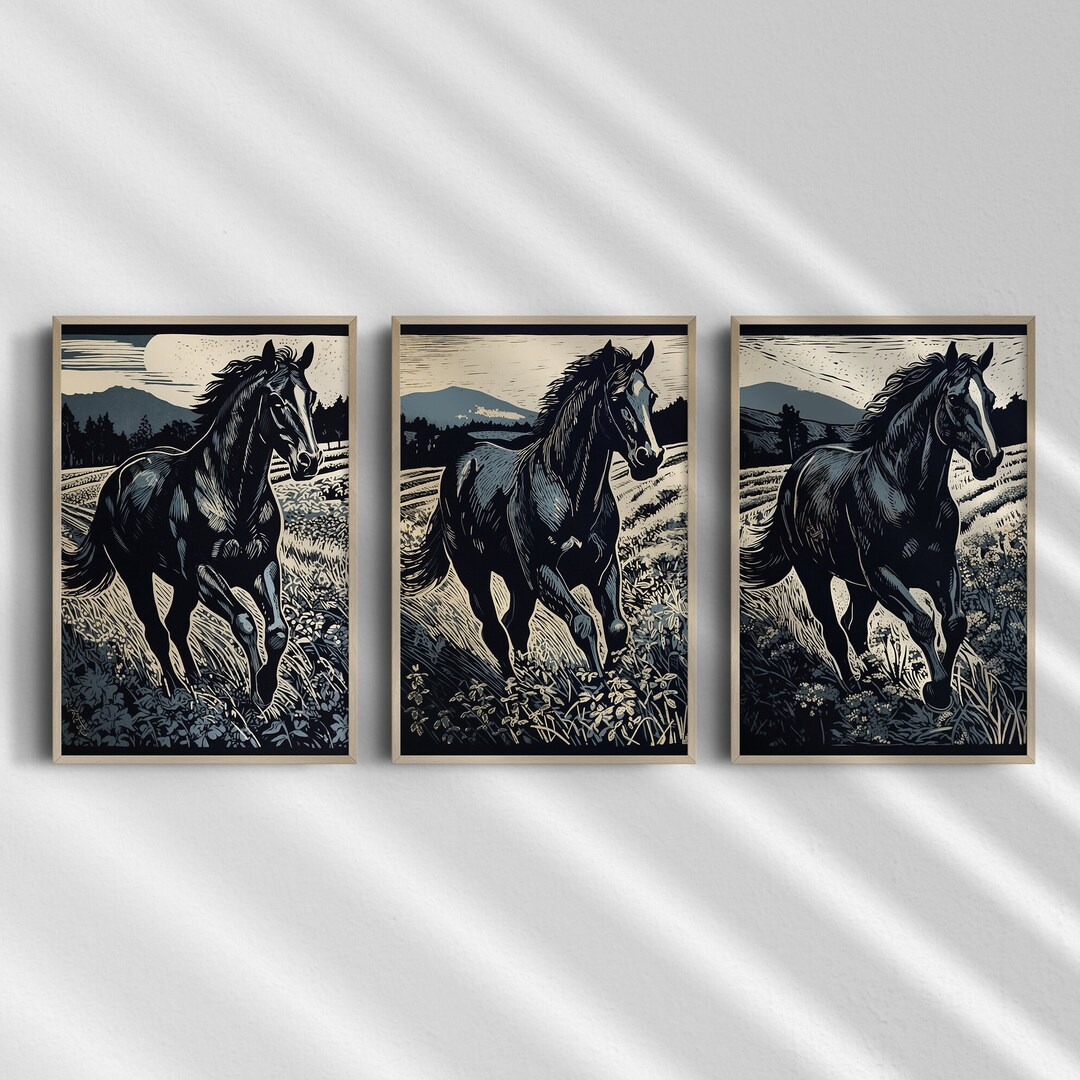 Block Print Style Horses. Tryptic. Horse Portrait. Vintage Horse ...