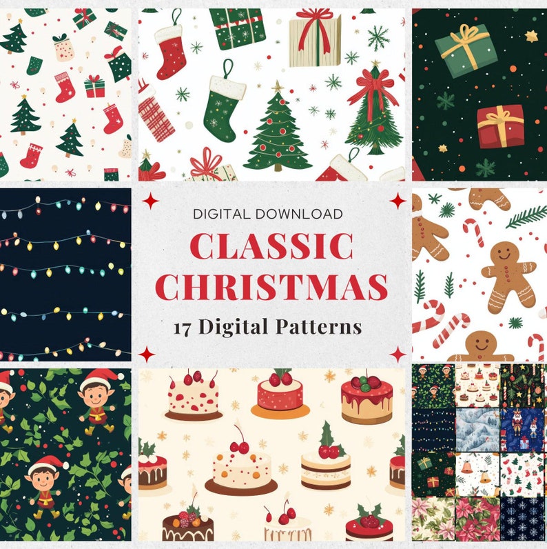 Classic Christmas Digital Pattern Papers - 17 Seamless Holiday Designs ...