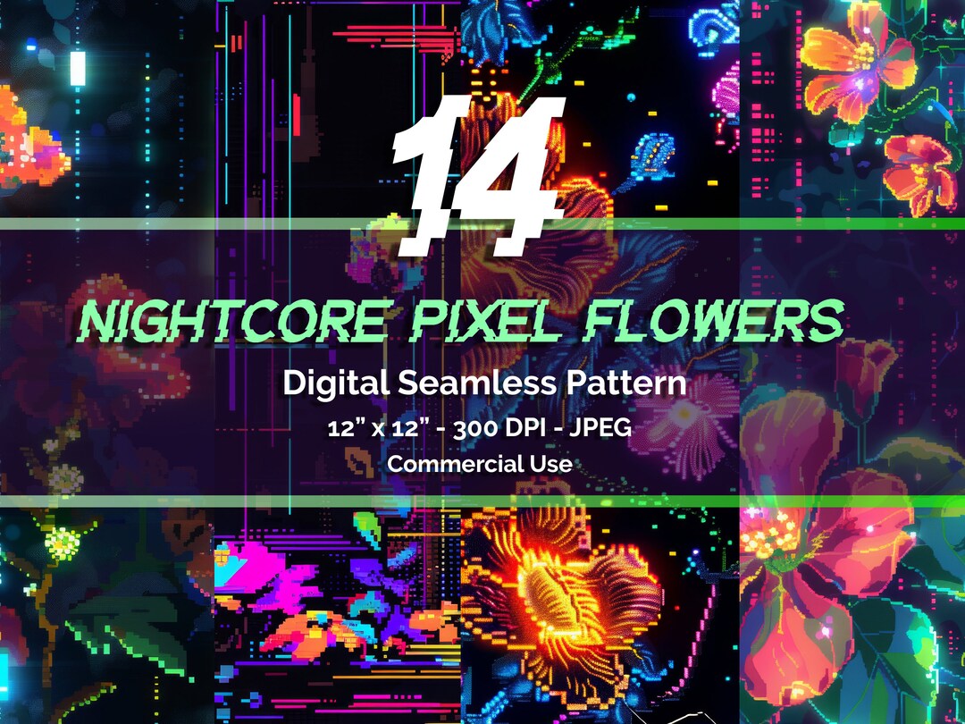 Floral Nightcore Pixel Art Digital Seamless Tiles, Repeating Digital ...