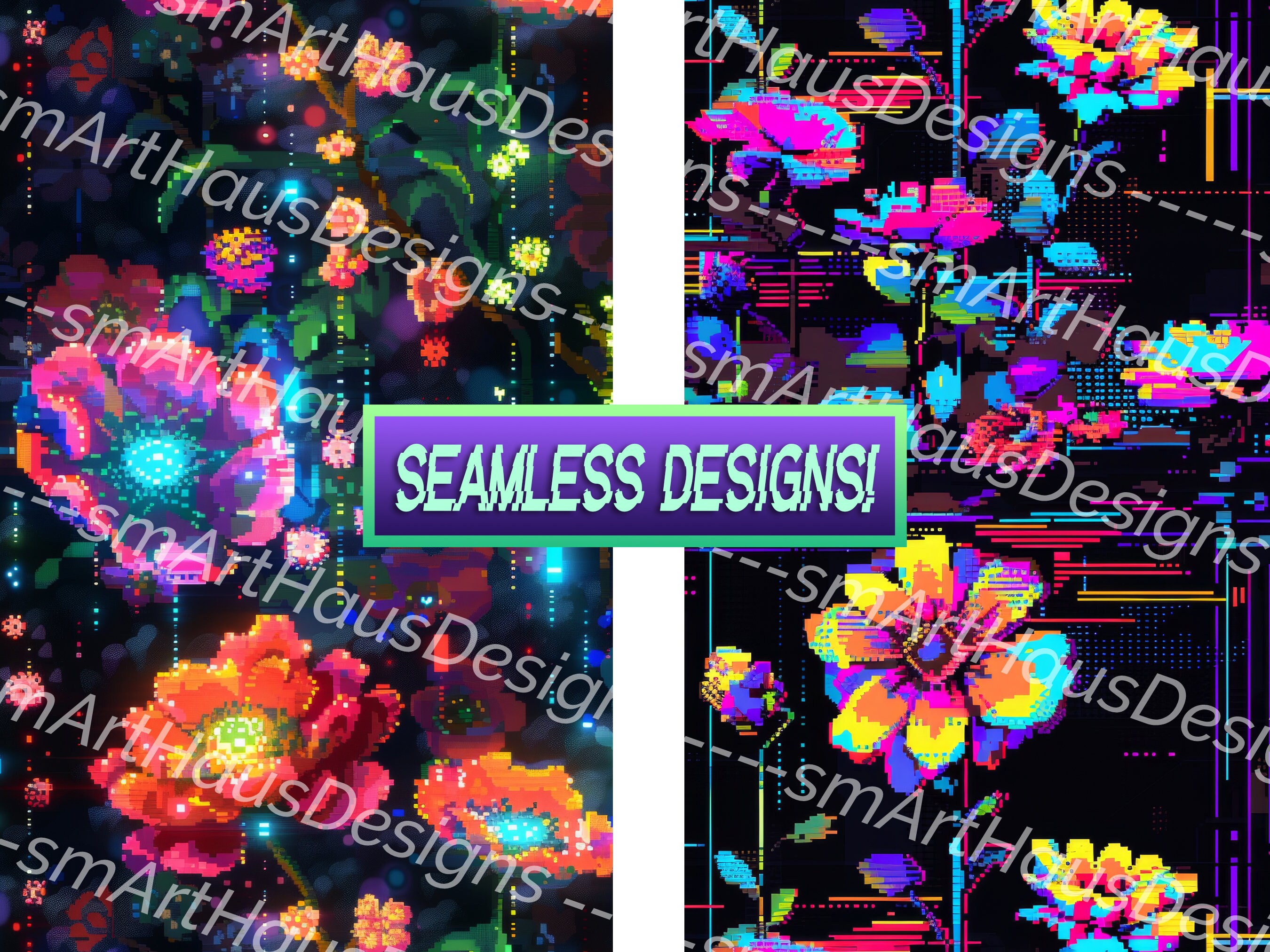 Floral Nightcore Pixel Art Digital Seamless Tiles, Repeating Digital ...