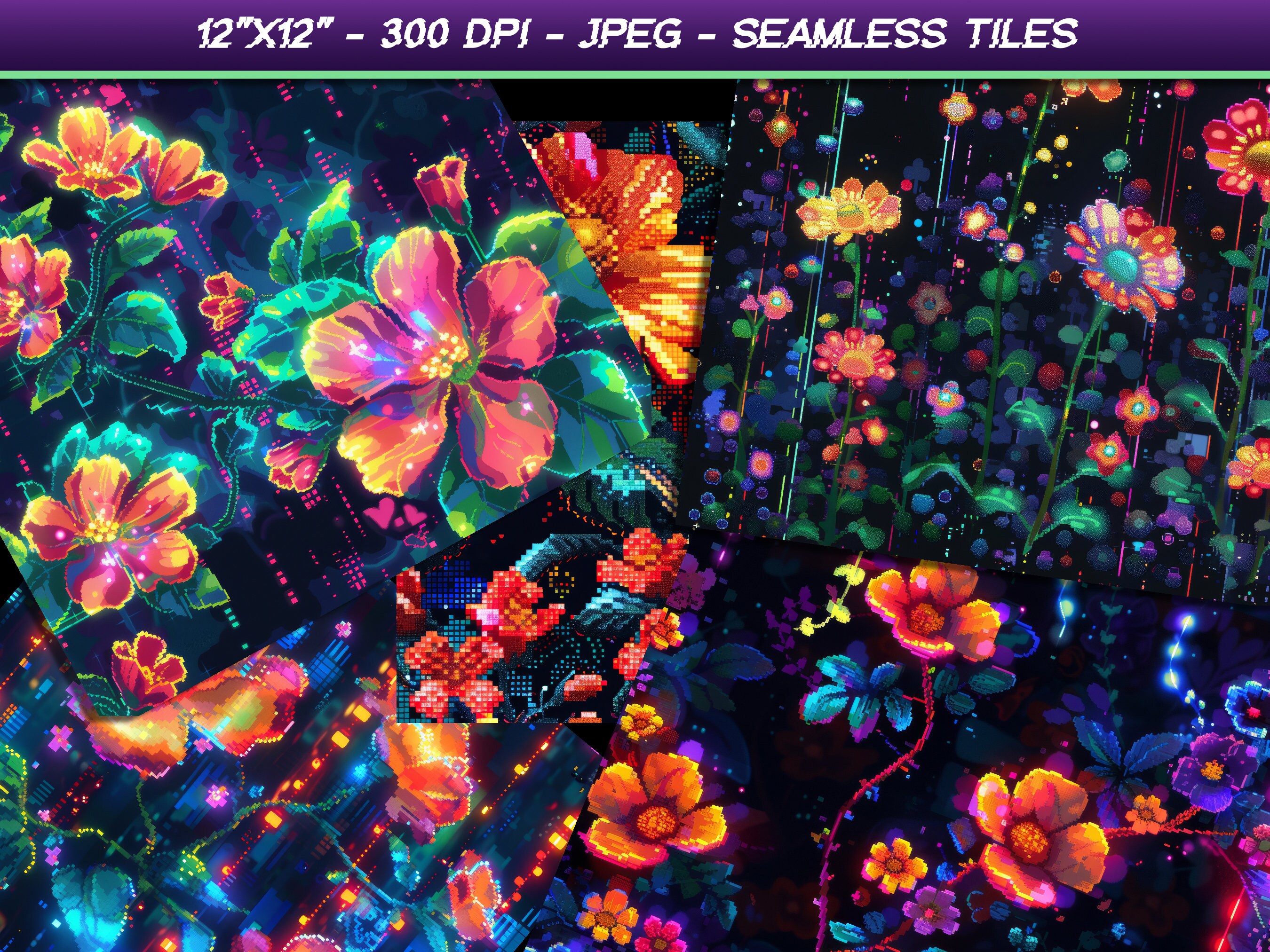Floral Nightcore Pixel Art Digital Seamless Tiles, Repeating Digital ...