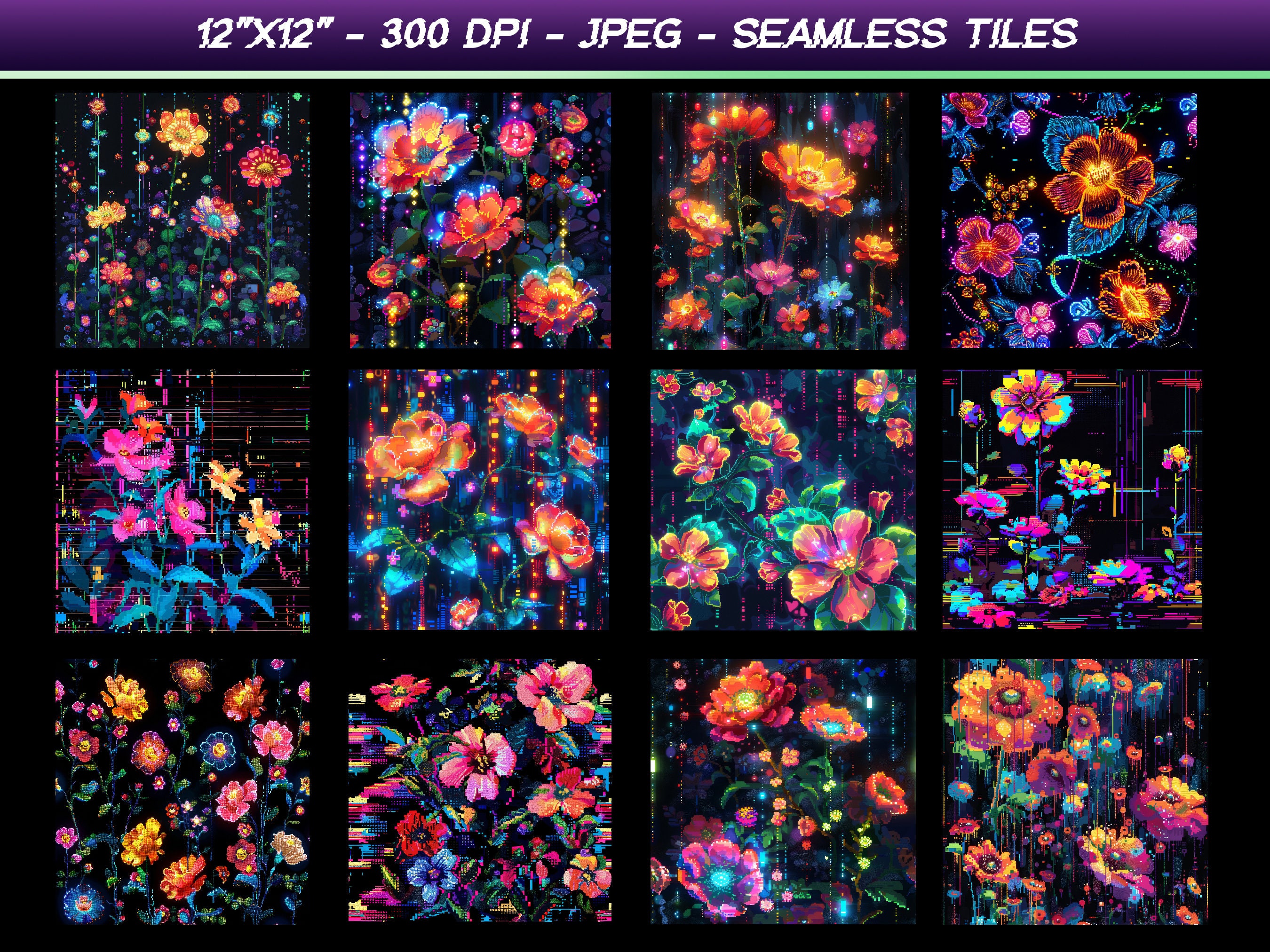 Floral Nightcore Pixel Art Digital Seamless Tiles, Repeating Digital ...