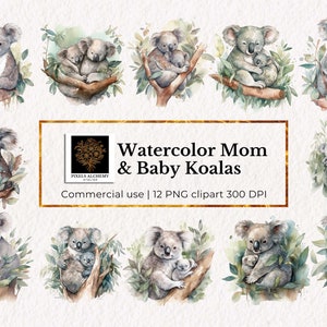12 Watercolor Mother's Day Mom&baby Koalas Clipart, Transparent PNG for ...