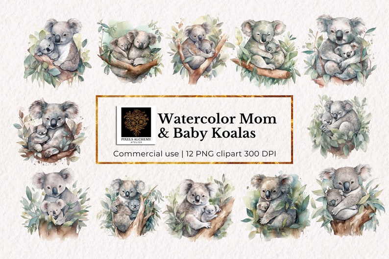12 Watercolor Mother's Day Mom&baby Koalas Clipart, Transparent PNG for ...