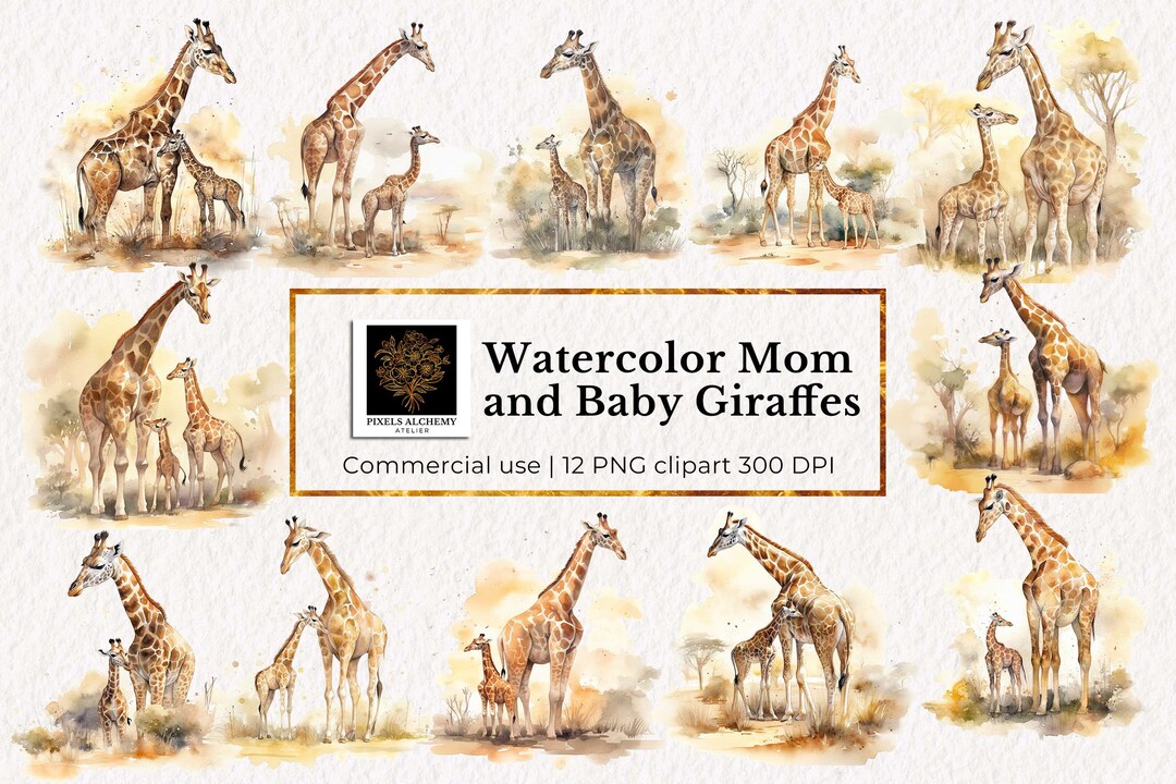 12 Watercolor Mother's Day Mom&baby Giraffes Clipart, Transparent PNG ...