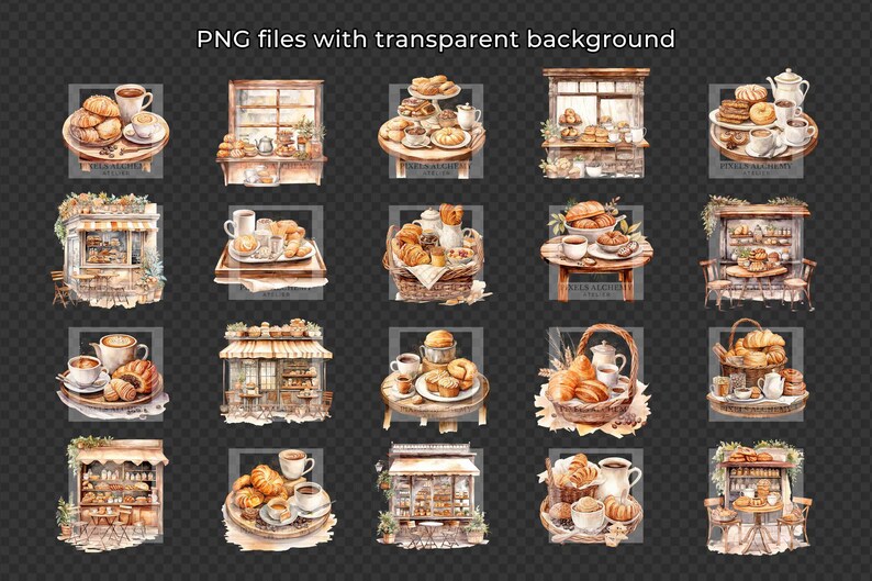 20 Coffee and Pastry Delight Storefront Watercolor Clipart, Pngs ...