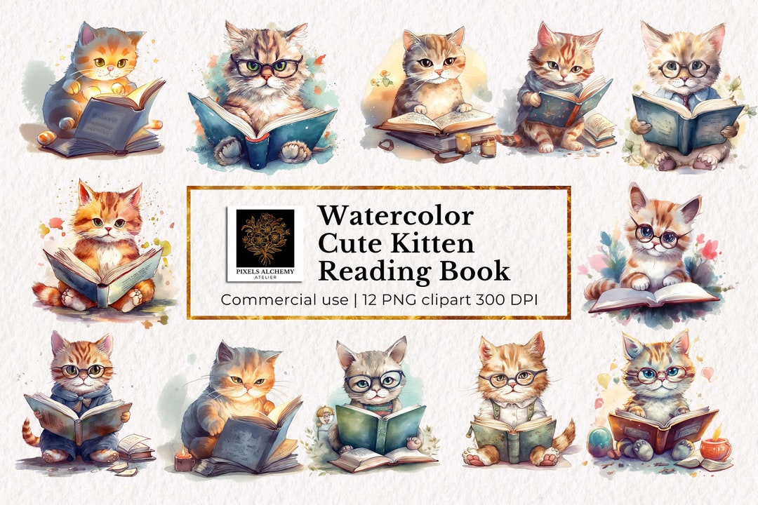 12 Watercolor Cute Kitten Reading Book Clipart, Transparent PNG for ...