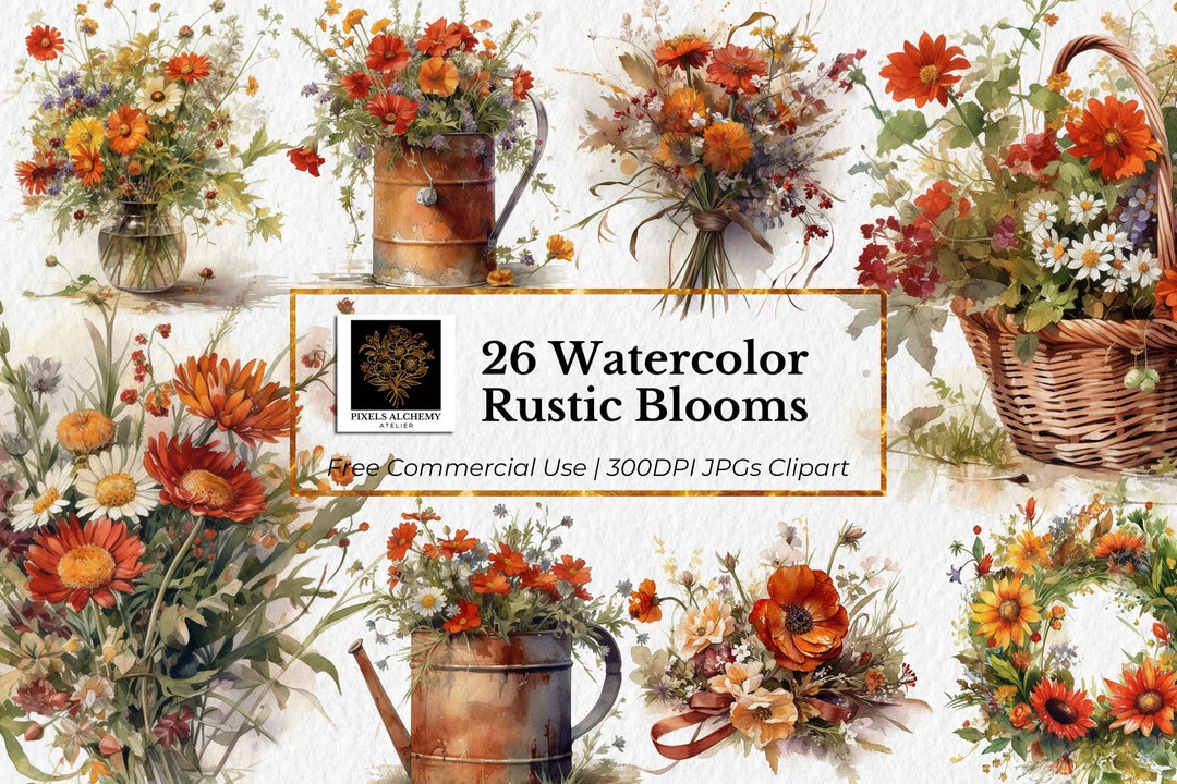 25 Rustic Flower Blooms Jpgs, Watercolor Clipart, White Background ...