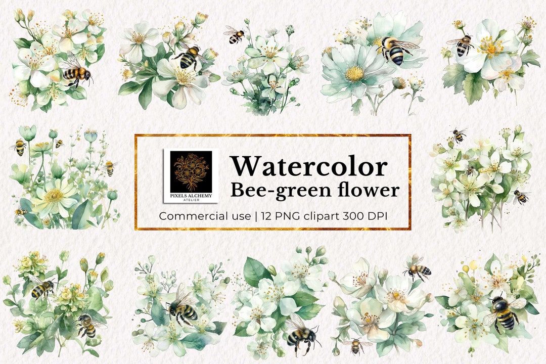 12 Watercolor Bees - Green Floral Clipart Clipart, 12 Transparent PNG ...
