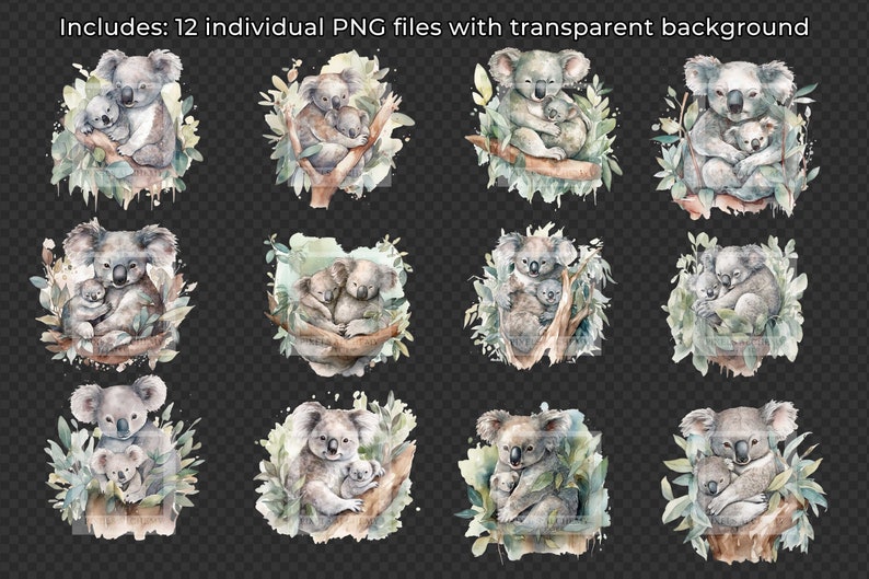 12 Watercolor Mother's Day Mom&baby Koalas Clipart, Transparent PNG for ...