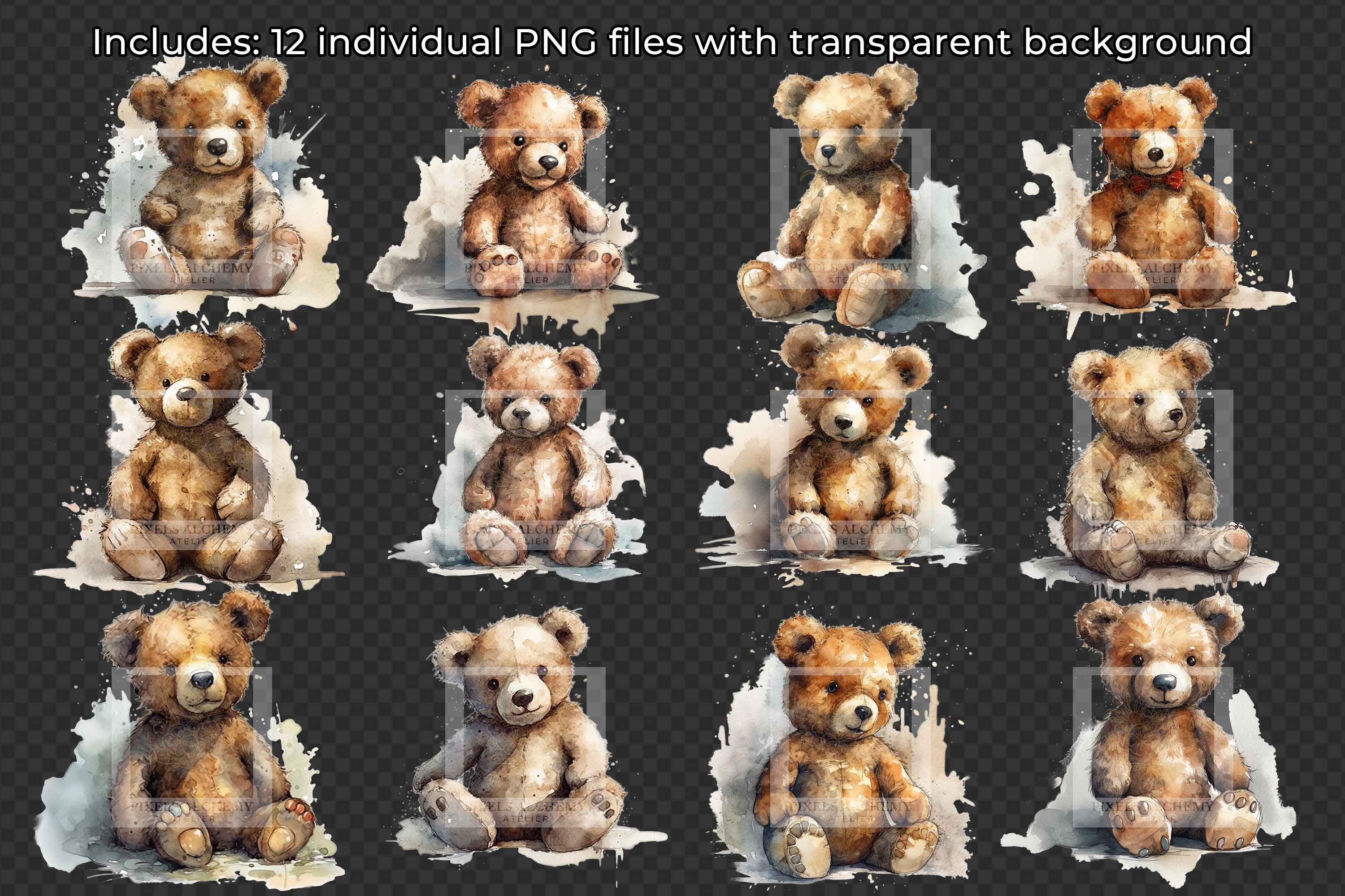 12 Watercolor Cute Teddy Bear Clipart, Transparent PNG for Commercial ...