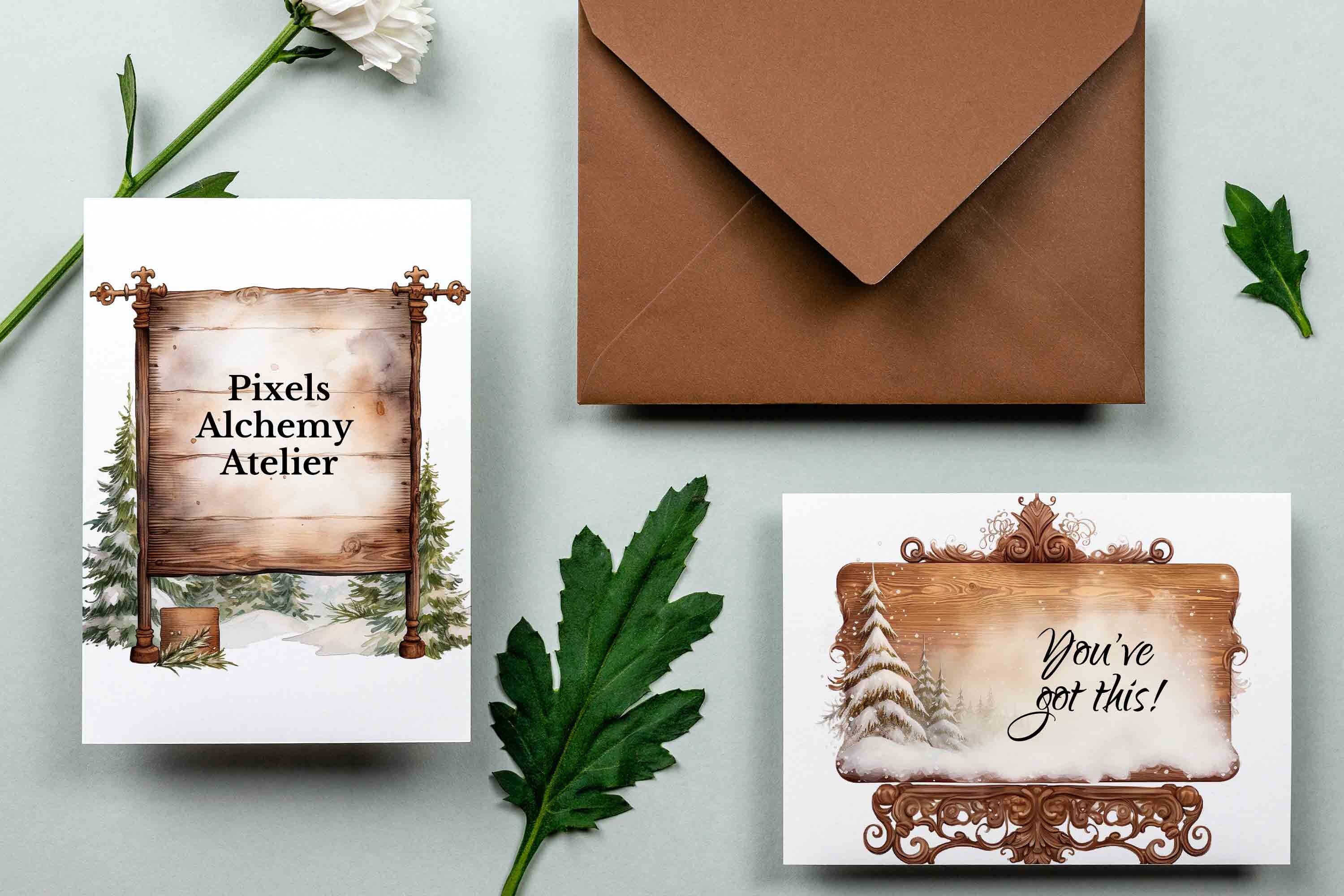 20 Snowy Christmas Tree Wooden Sign Watercolor Clipart Set, Pngs, Cards ...