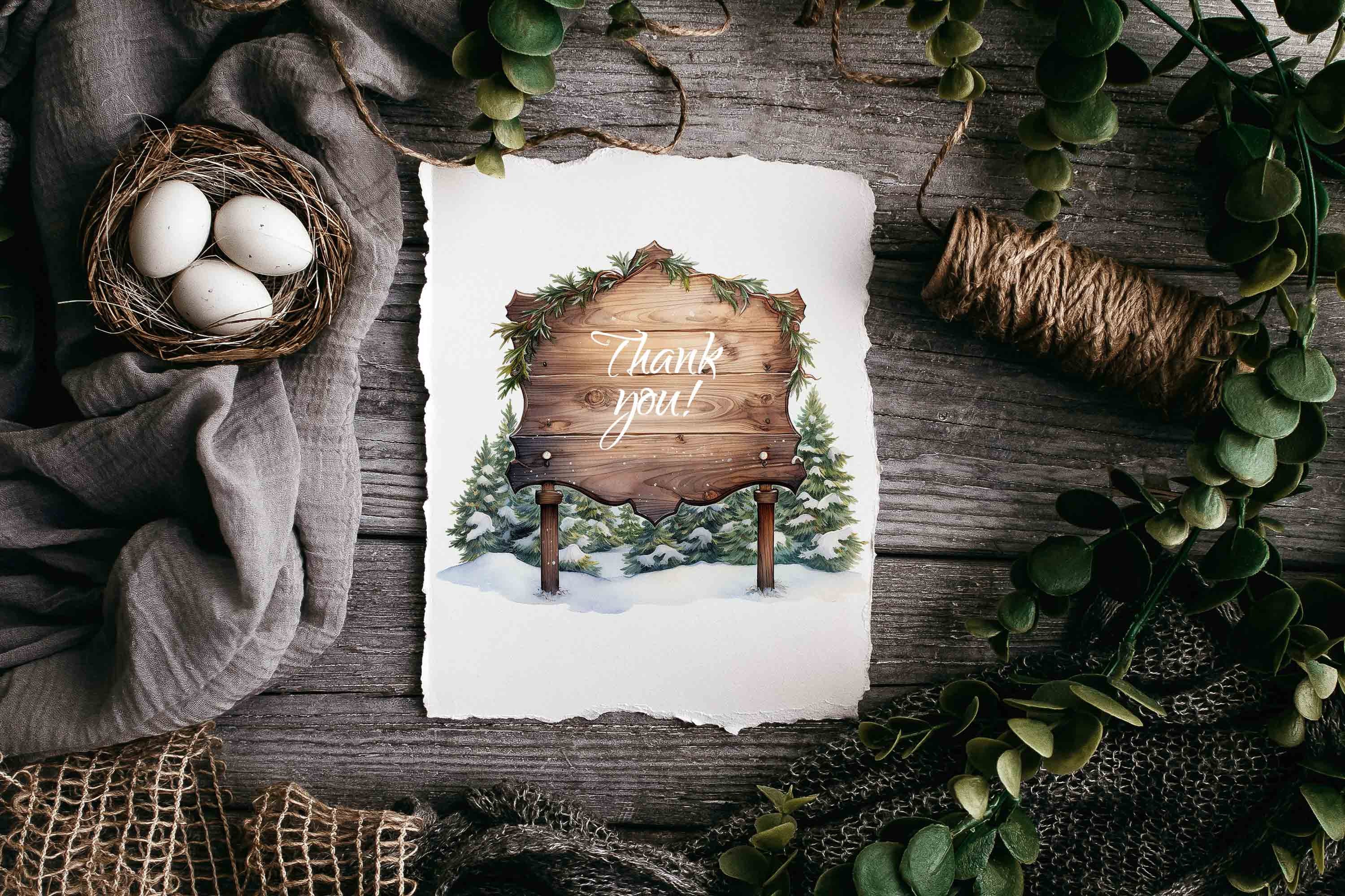 20 Snowy Christmas Tree Wooden Sign Watercolor Clipart Set, Pngs, Cards ...