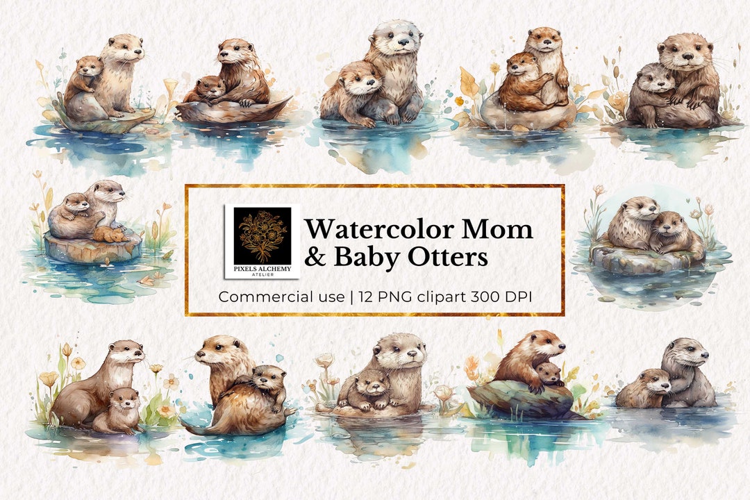 12 Watercolor Mother's Day Mom&baby Otters Clipart, Transparent PNG for ...