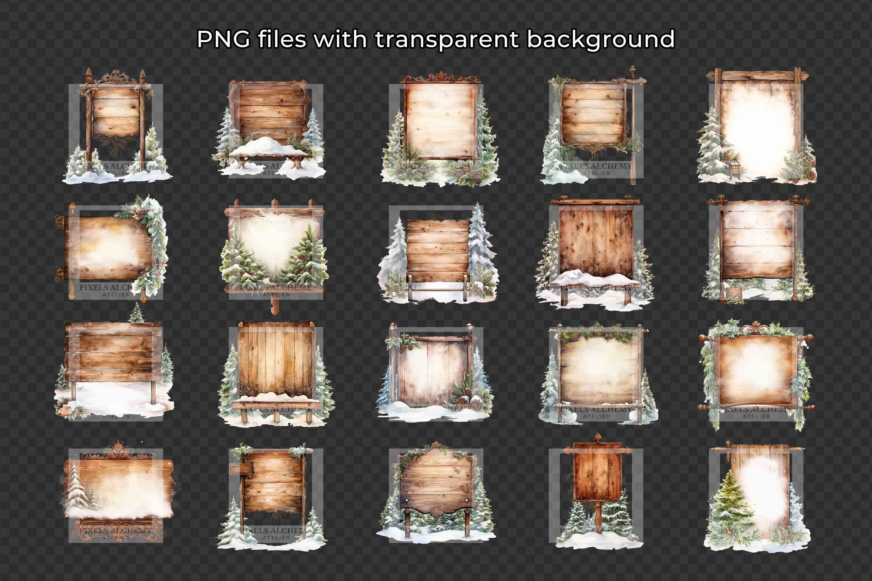 20 Snowy Christmas Tree Wooden Sign Watercolor Clipart Set, Pngs, Cards ...