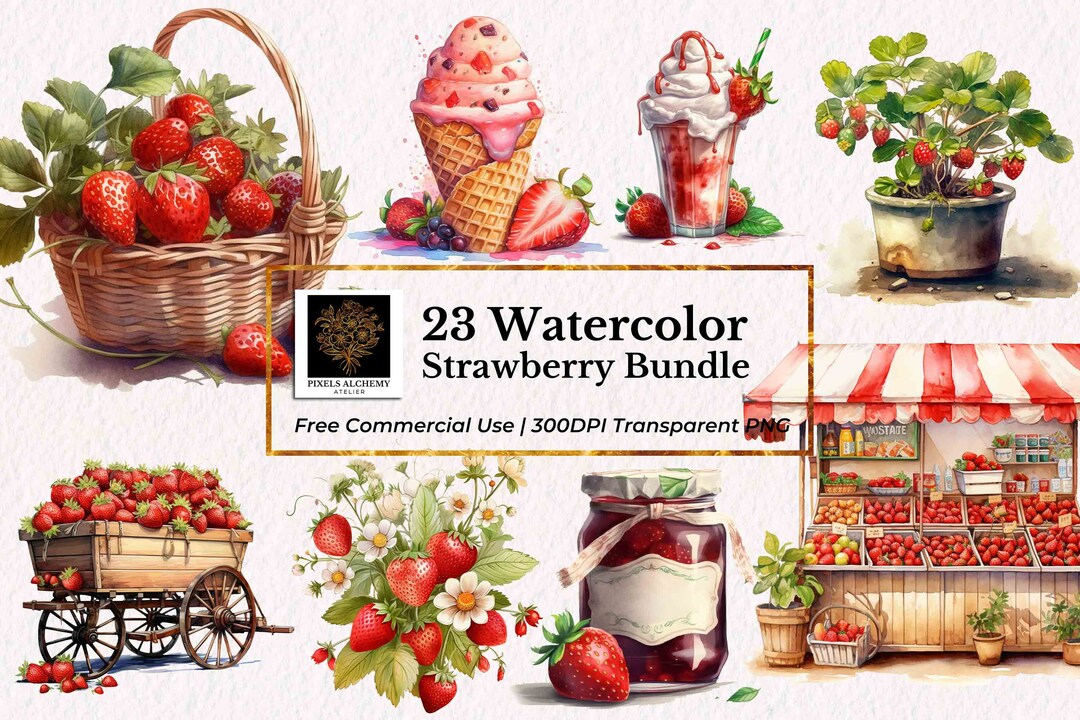 23 Strawberry Bundle Watercolor Clipart, Transparent PNG, FREE ...