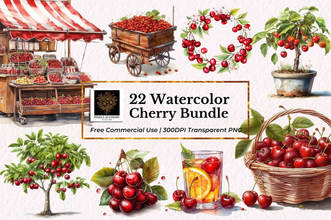 22 Red Cherry Bundle Watercolor Clipart, Transparent PNG, FREE ...