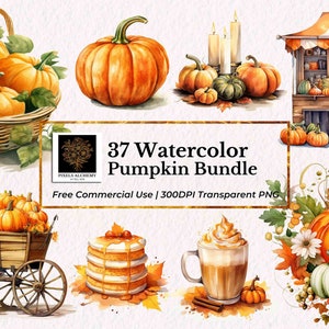 37 Pumpkin Bundle Watercolor Clipart, Transparent PNG, FREE Commercial ...