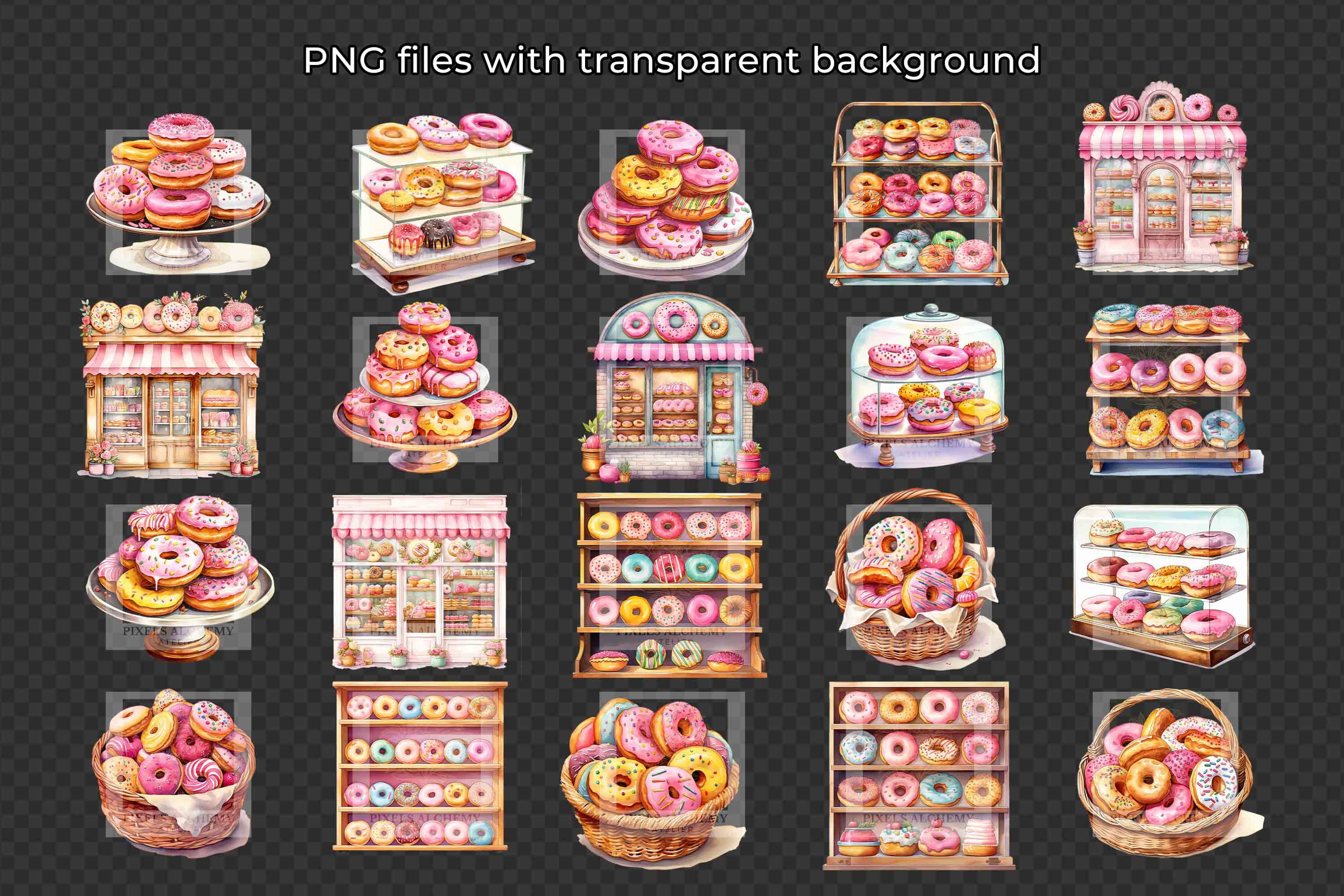 20 Cheerful Donut Delight Shop Watercolor Clipart, Pngs, Cute Donut ...