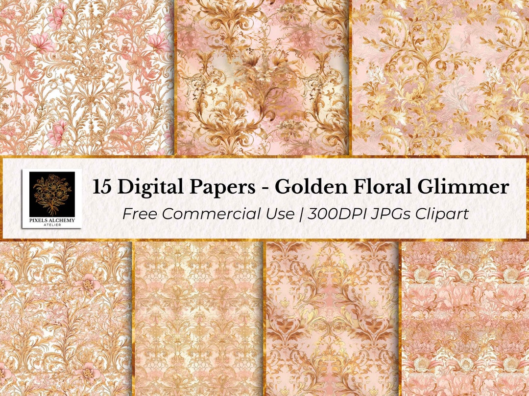 15 Vintage Digital Papers - Golden Floral Glimmer, Seamless Pattern ...