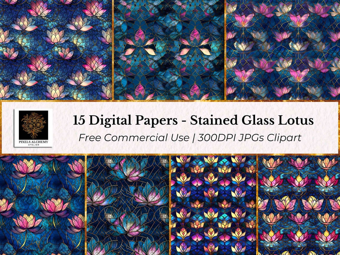 15 Stained Glass Lotus Digital Papers, Seamless Floral Pattern Jpgs ...