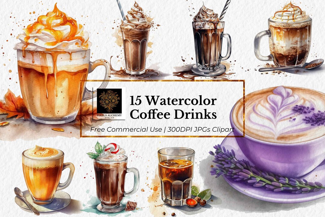 15 Coffee Drinks Bundle Jpgs, Watercolor Clipart, on White Background ...