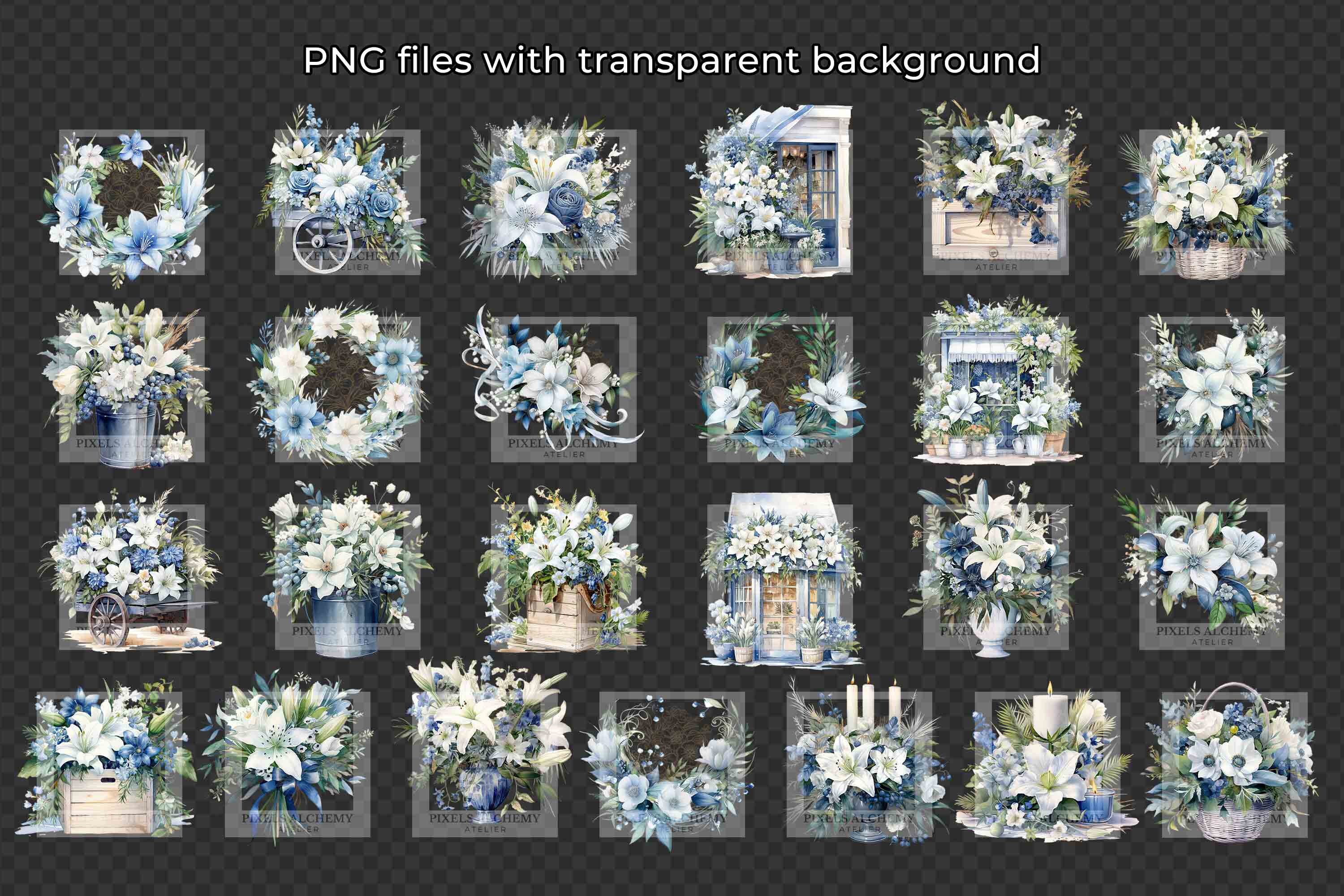 25 Icy Blue Flower Bouquet Watercolor Clipart, PNG, FREE Commercial Use ...