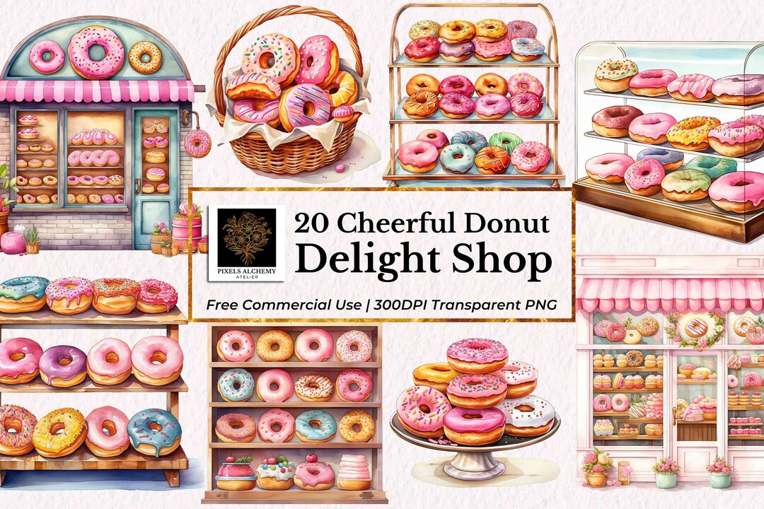 20 Cheerful Donut Delight Shop Watercolor Clipart, Pngs, Cute Donut ...