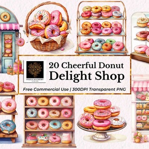 20 Cheerful Donut Delight Shop Watercolor Clipart, Pngs, Cute Donut ...