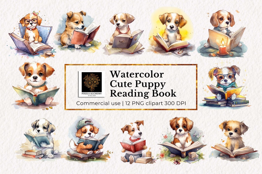 12 Watercolor Cute Puppy Reading Book Clipart, Transparent PNG for ...