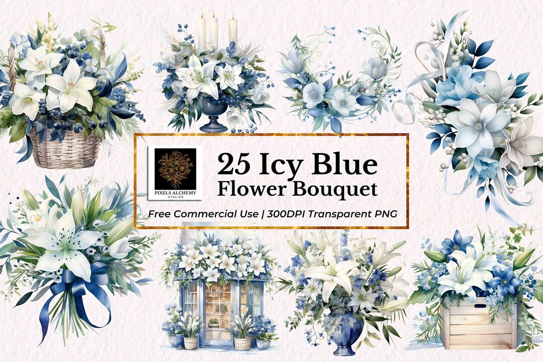 25 Icy Blue Flower Bouquet Watercolor Clipart, PNG, FREE Commercial Use ...