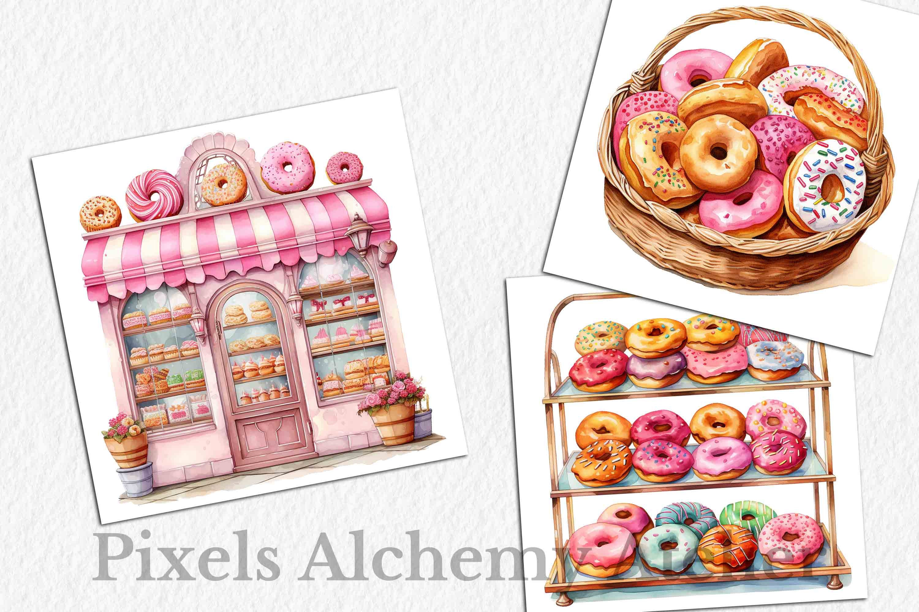 20 Cheerful Donut Delight Shop Watercolor Clipart, Pngs, Cute Donut ...