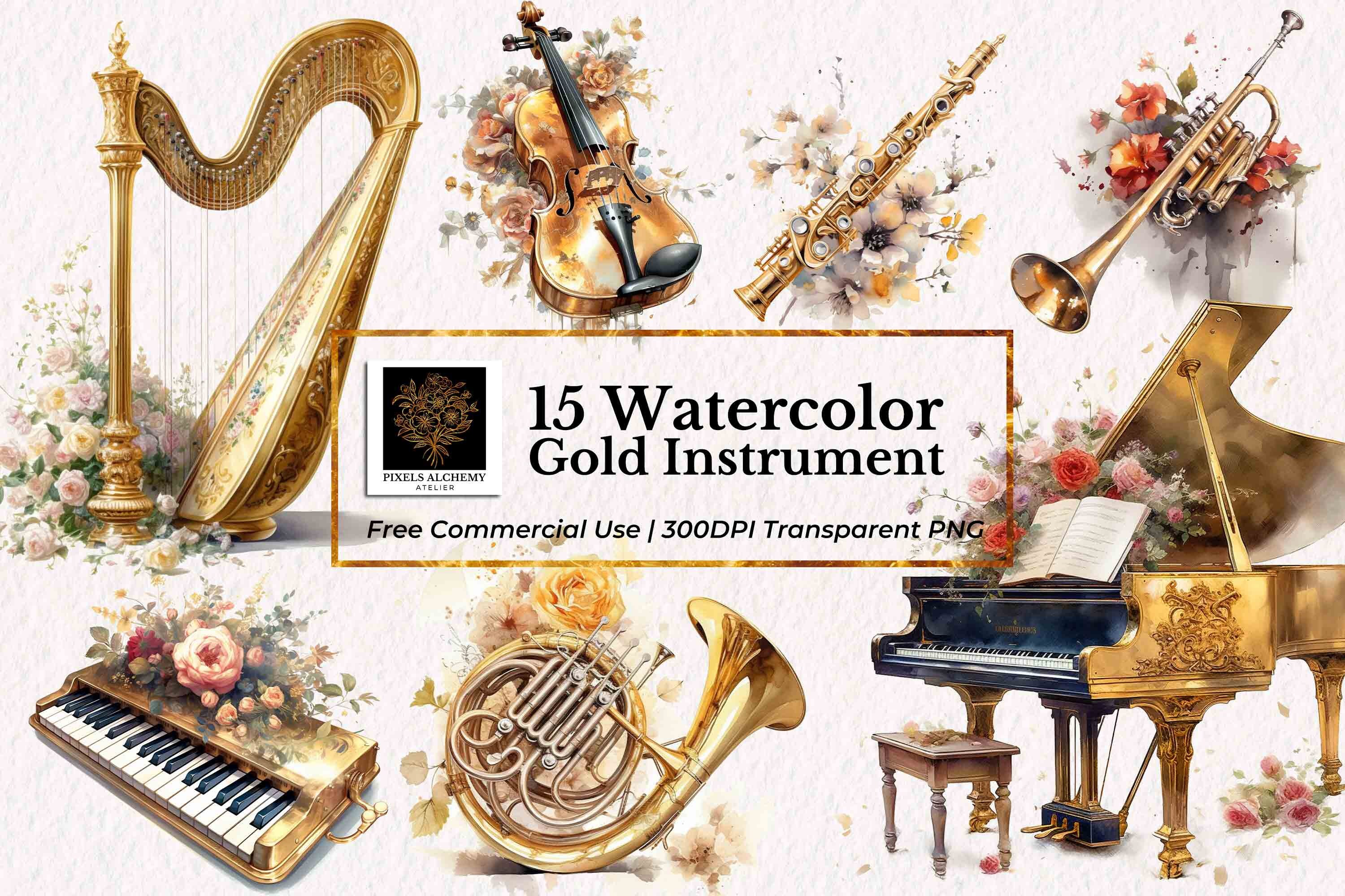 15 Gold Instruments With Flowers PNG, Watercolor Clipart, Free ...