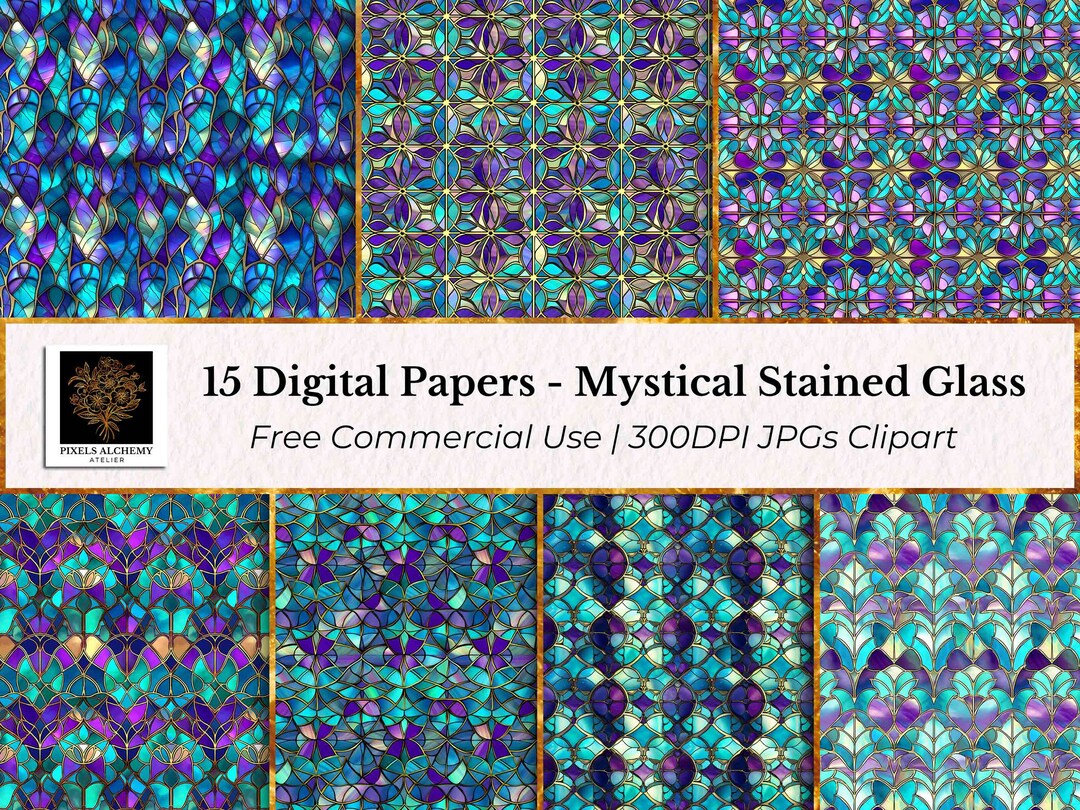 15 Mystical Stained Glass Digital Papers, Seamless Floral Pattern Jpgs ...