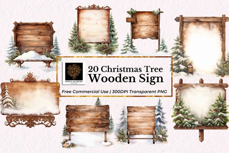 20 Snowy Christmas Tree Wooden Sign Watercolor Clipart Set, Pngs, Cards ...