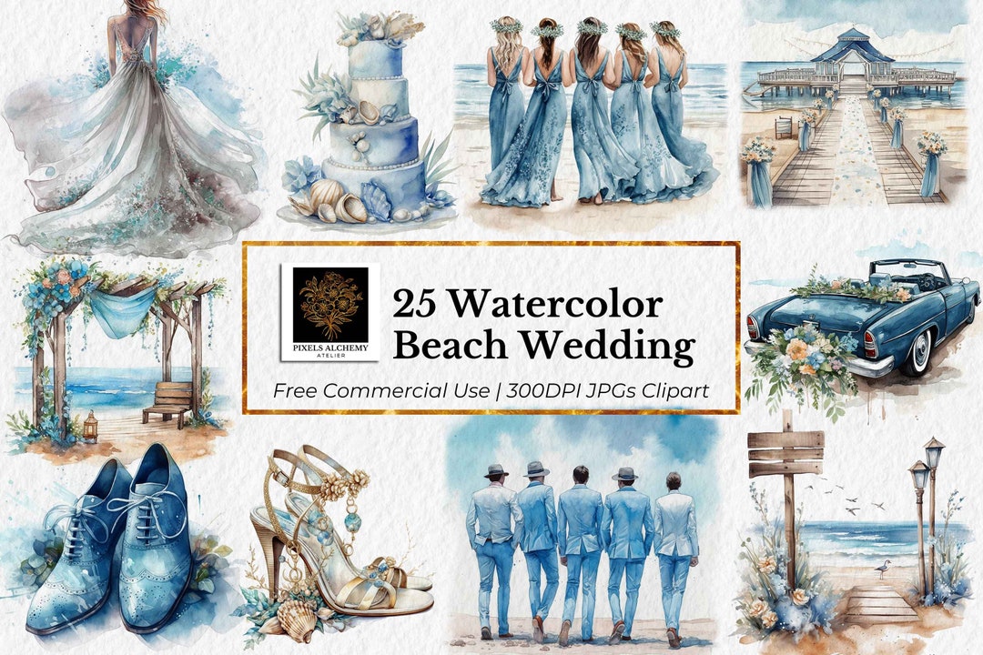 25 Beach Wedding Bundles Jpgs, Watercolor Clipart, White Background ...