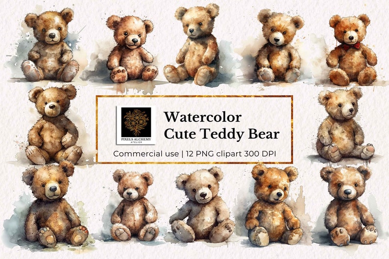 12 Watercolor Cute Teddy Bear Clipart, Transparent PNG for Commercial ...