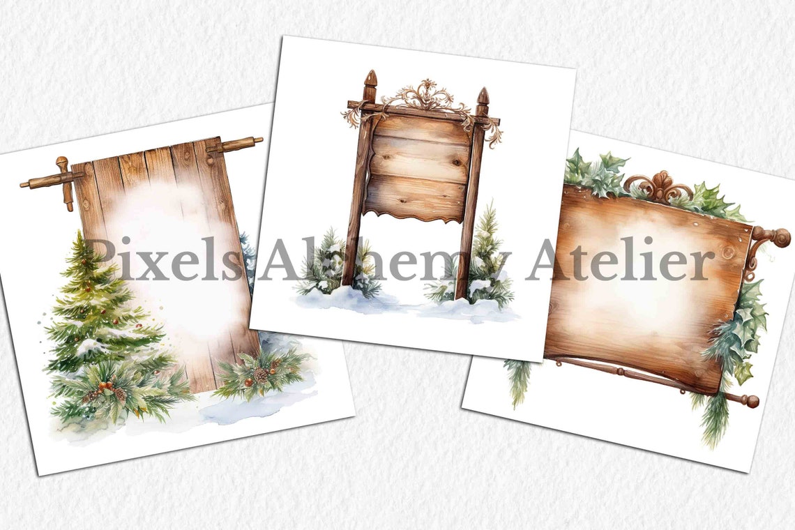 20 Snowy Christmas Tree Wooden Sign Watercolor Clipart Set, Pngs, Cards ...