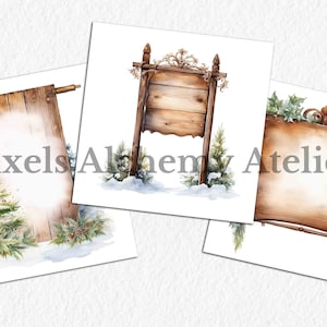 20 Snowy Christmas Tree Wooden Sign Watercolor Clipart Set, Pngs, Cards ...