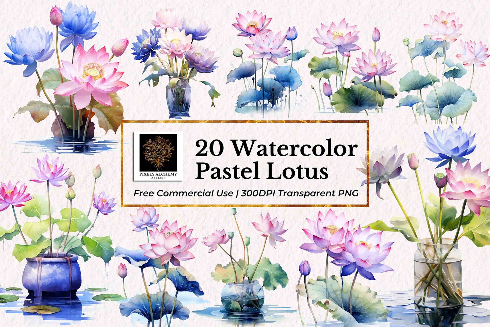 20 Pastel Lotus Watercolor Clipart, Transparent PNG, Planners, Cards ...
