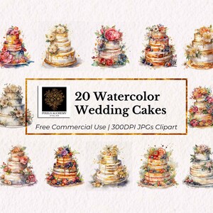20 Wedding Cakes Jpgs, Watercolor Clipart, White Background, Free ...