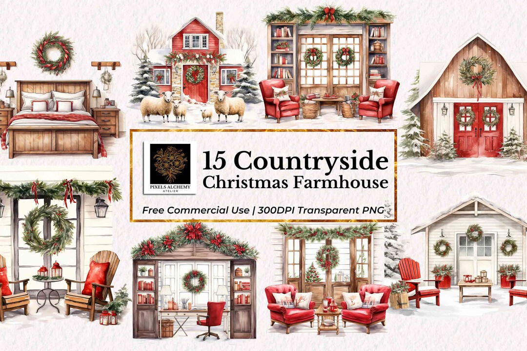 15 Countryside Christmas Farmhouse Watercolor Clipart Set, PNG, FREE ...