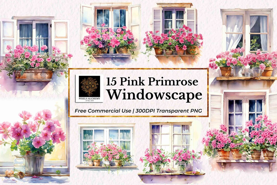 15 Pink Primrose Windowscape Watercolor Clipart, February Birth Flowers ...