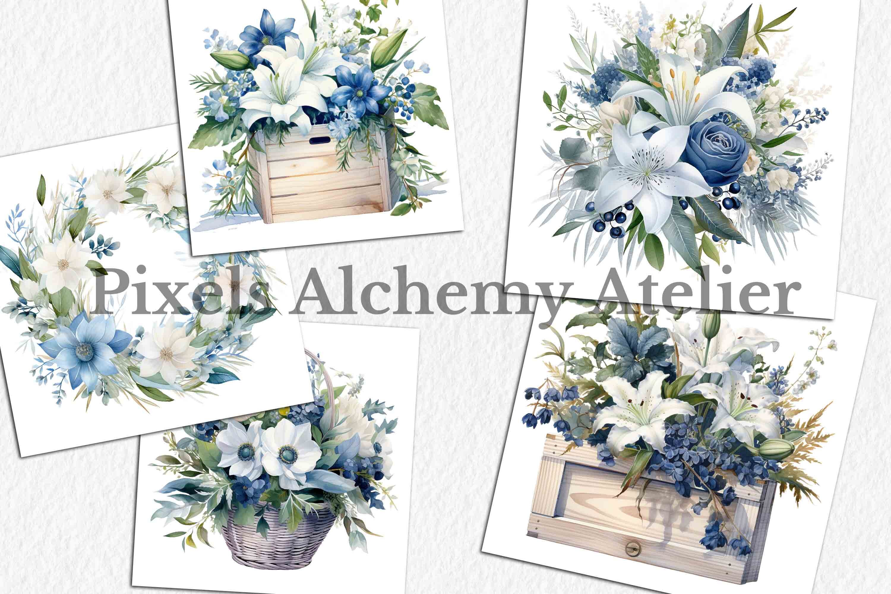 25 Icy Blue Flower Bouquet Watercolor Clipart, PNG, FREE Commercial Use ...