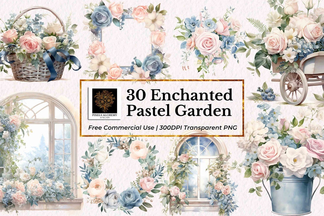 30 Enchanted Pastel Garden Watercolor Clipart Set, Pngs, FREE ...