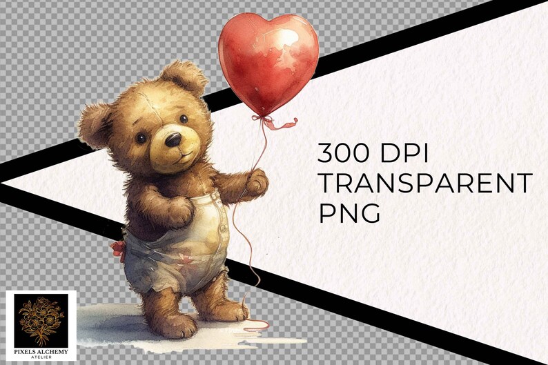 12 Watercolor Cute Teddy Bear Holding Heart Balloon Picnic Clipart ...