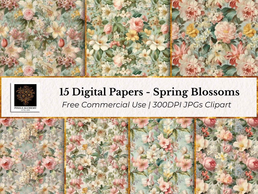 15 Vintage Digital Papers - Spring Blossoms, Seamless Floral Pattern ...