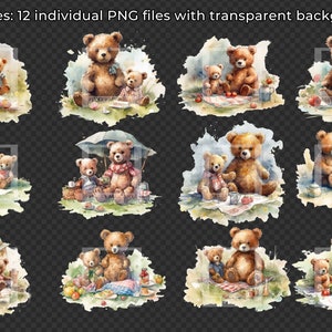 12 Watercolor Cute Teddy Bear Mom&baby Picnic Clipart, Transparent PNG ...